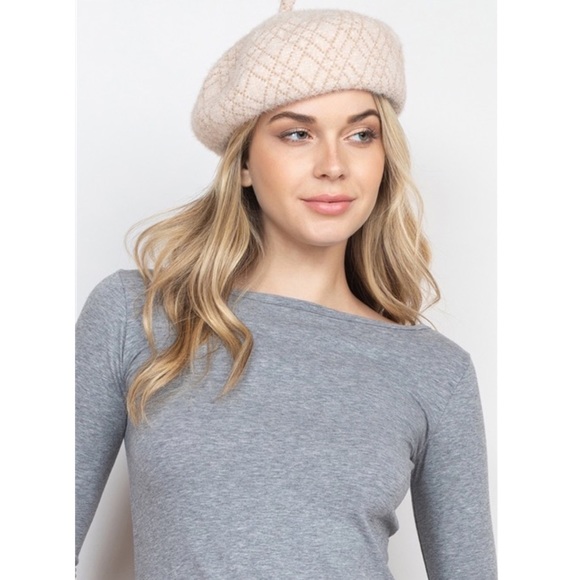 Accessories | Fuzzy Cream Fleece Tan Line Accent Beret Hat | Poshmark
